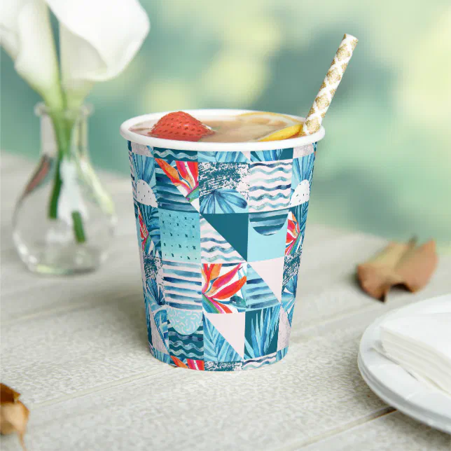Tropical Teal Geometric Abstract Pattern Paper Cups | Zazzle