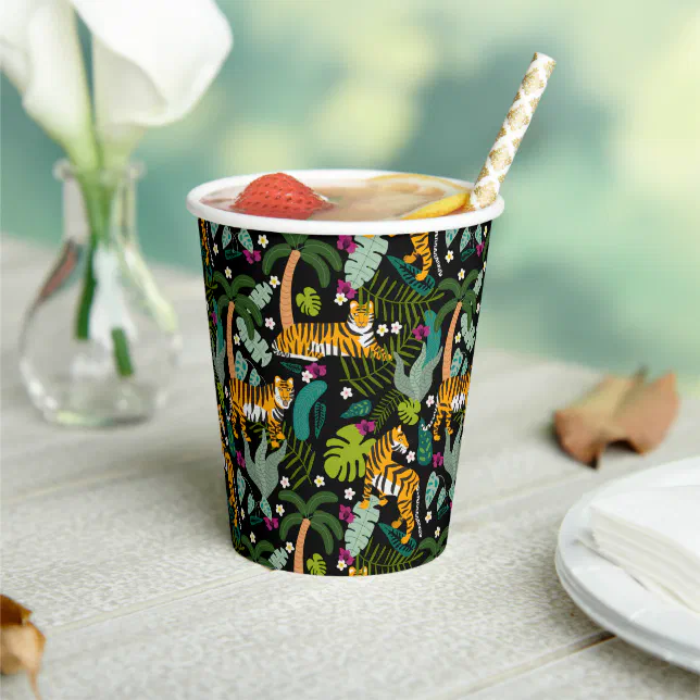 Tropical Tiger Black Botanical Jungle Safari Cats Paper Cups | Zazzle