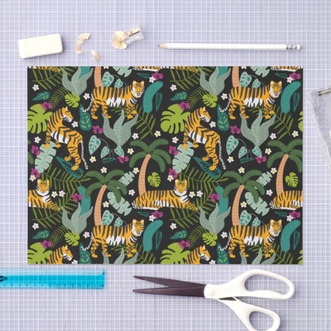 Tropical Tiger Black Botanical Jungle Safari Cats Tissue Paper | Zazzle