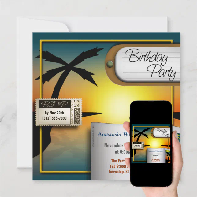Tropical Travel Sunset Birthday Party Invitations | Zazzle