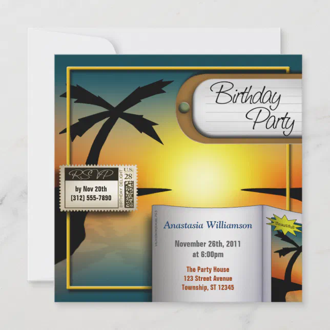 Tropical Travel Sunset Birthday Party Invitations | Zazzle