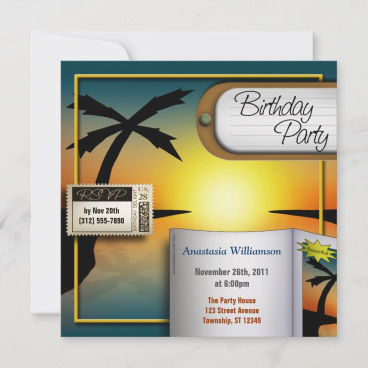 Tropical Travel Sunset Birthday Party Invitations | Zazzle