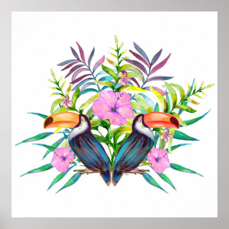 Tropical tucan birds and pink flowers poster | Zazzle