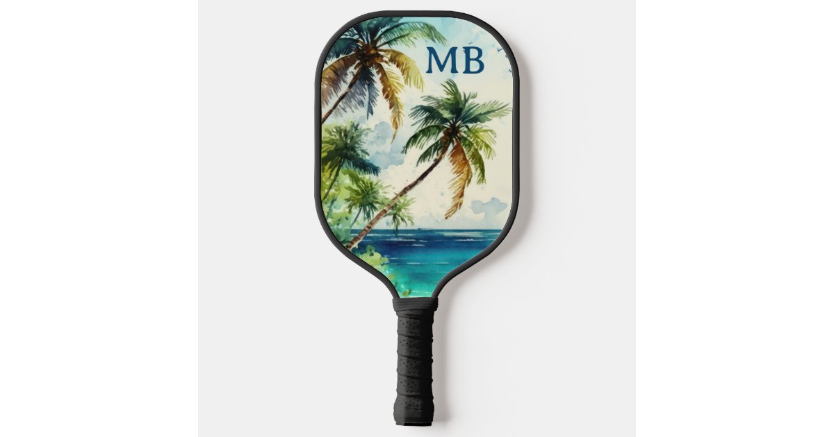 Tropical Turquoise Ocean Palm Trees Beach Monogram Pickleball Paddle ...