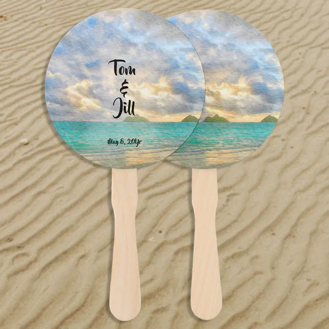 Tropical Turquoise Watercolor Paradise Wedding Hand Fan | Zazzle