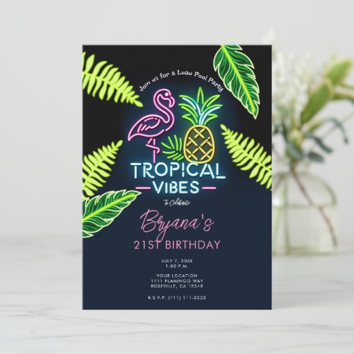 Tropical Vibes Neon Glow Leaves Birthday Party Invitation | Zazzle