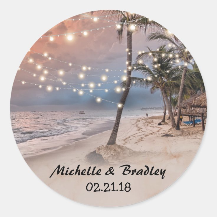 Tropical Vintage Beach String Lights Wedding Classic Round Sticker | Zazzle