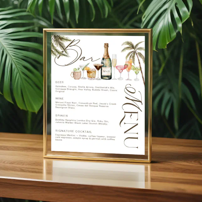 Tropical Watercolor Cocktails Wedding Bar Menu Poster | Zazzle