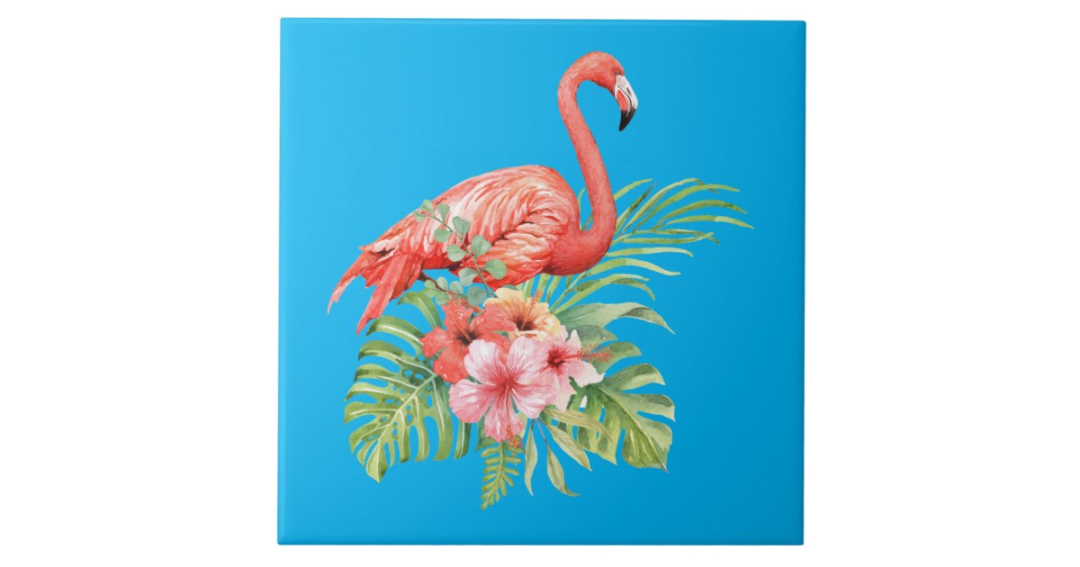 Tropical Watercolor Flamingo & Flowers Ceramic Tile | Zazzle