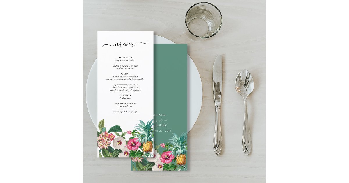 Tropical Watercolor Flowers & Greenery Wedding Menu | Zazzle
