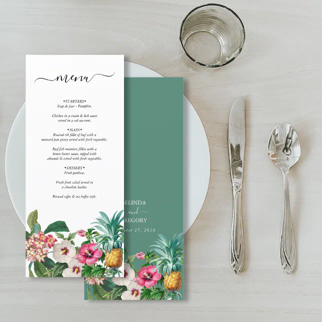 Tropical Watercolor Flowers & Greenery Wedding Menu | Zazzle
