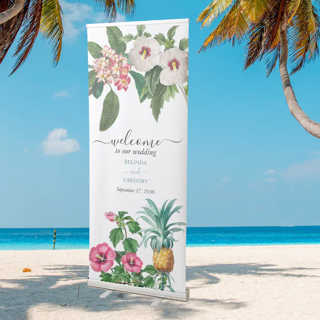 Tropical Watercolor Flowers & Greenery Wedding Retractable Banner | Zazzle