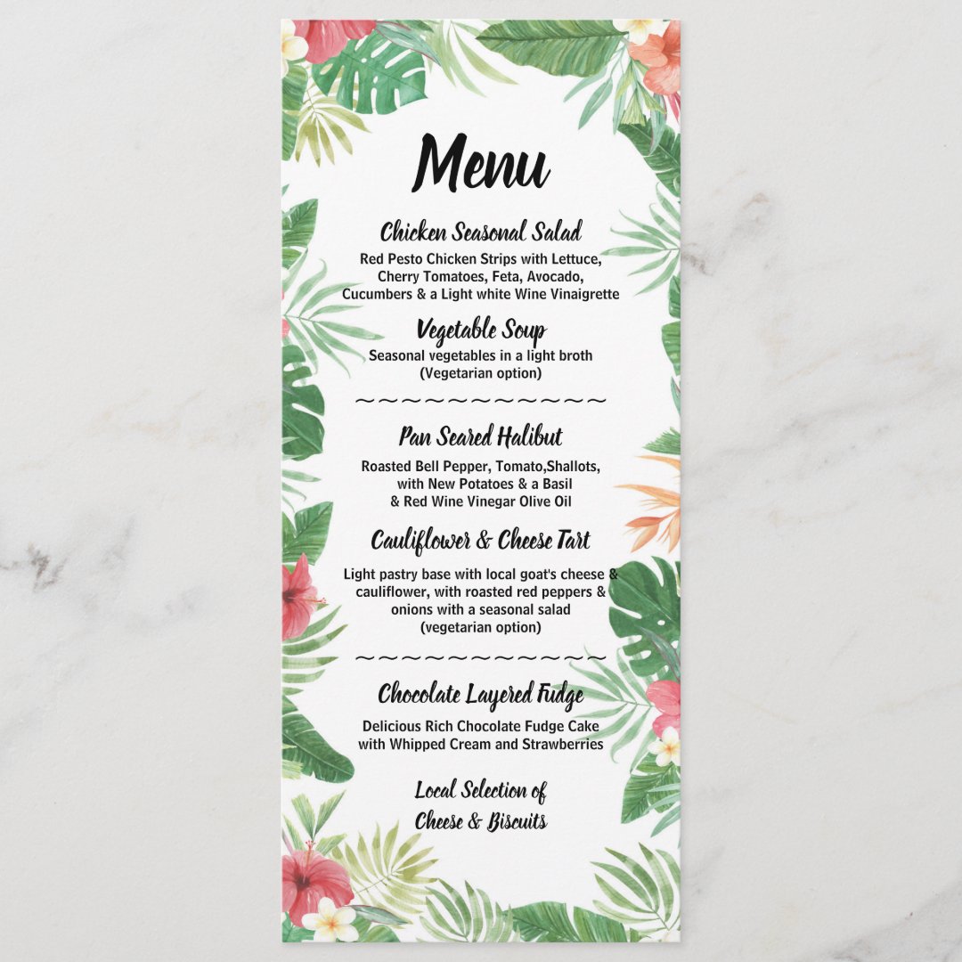 Tropical Watercolor Flowers Menu Wedding Reception | Zazzle