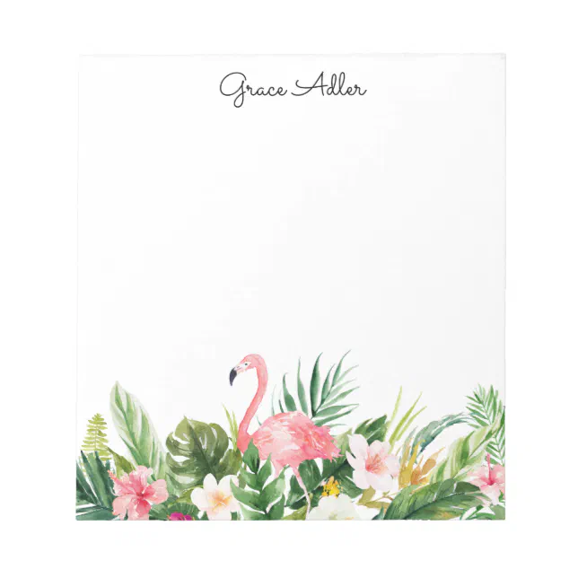 Tropical Watercolor Flowers with Flamingo Notepad | Zazzle