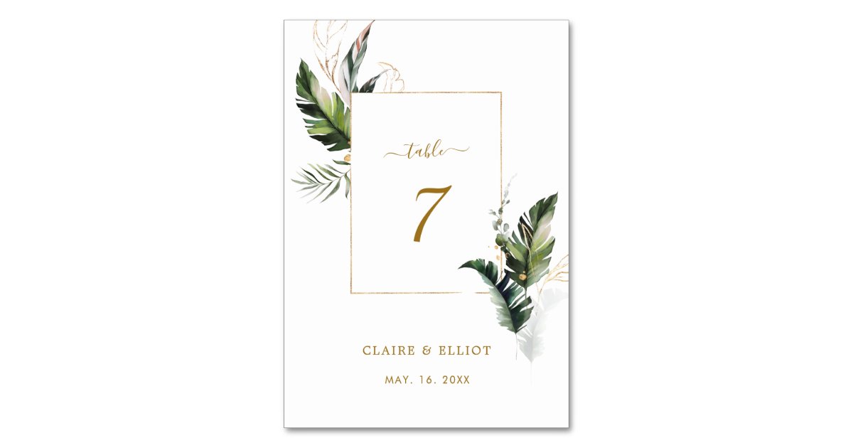 Tropical Watercolor Foliage Gold Wedding Table Number | Zazzle