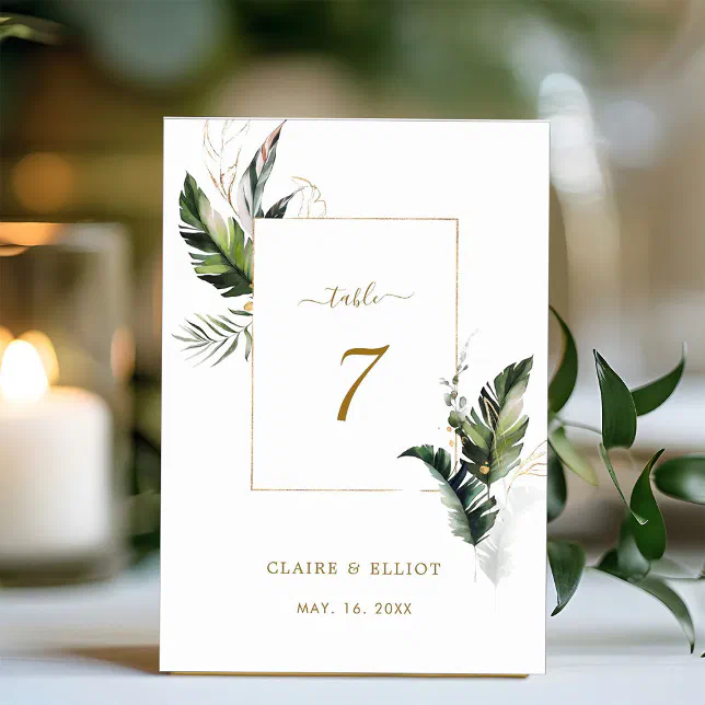 Tropical Watercolor Foliage Gold Wedding Table Number | Zazzle