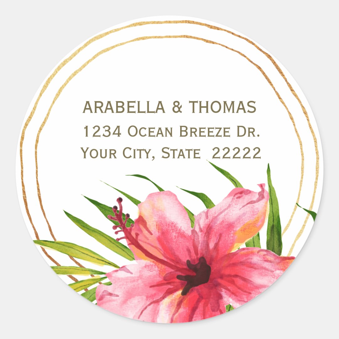Tropical Watercolor Hibiscus Flower Return Address Classic Round ...