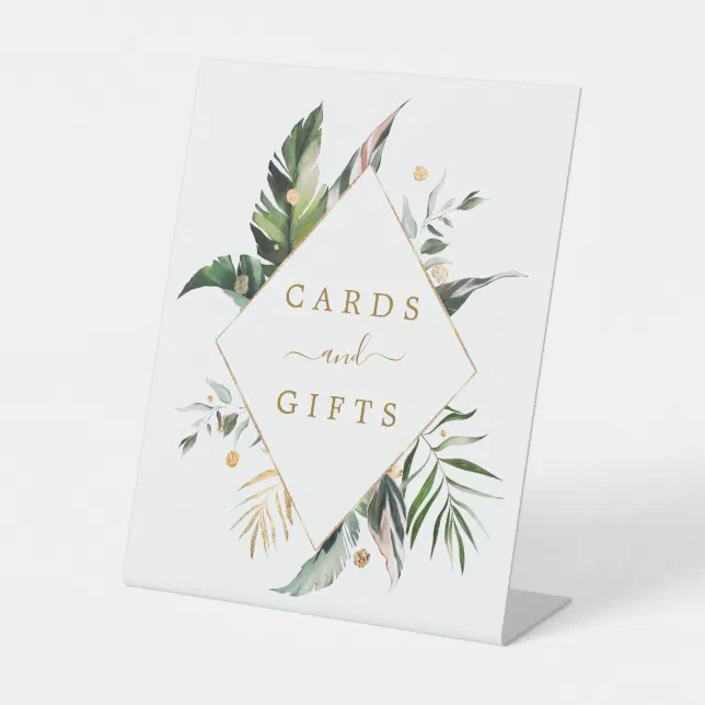 Tropical Watercolor Leaves Wedding Cards & Gifts Pedestal Sign | Zazzle
