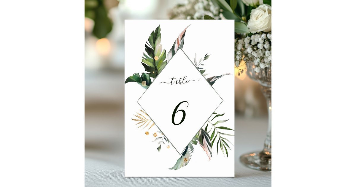 Tropical Watercolor Leaves Wedding Table Number | Zazzle