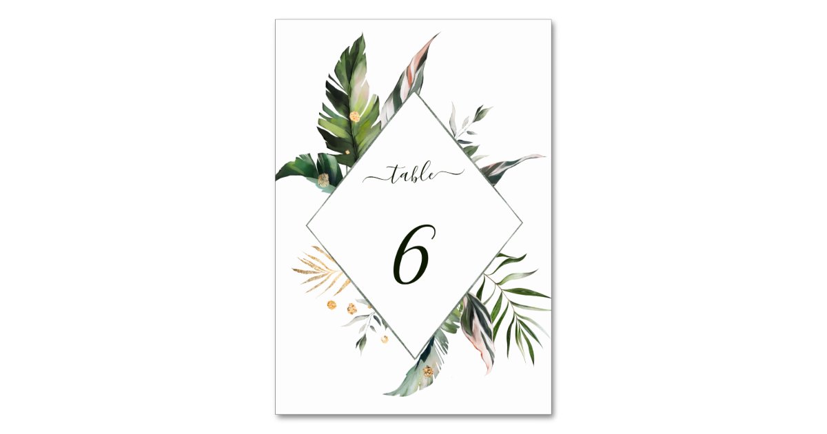 Tropical Watercolor Leaves Wedding Table Number | Zazzle