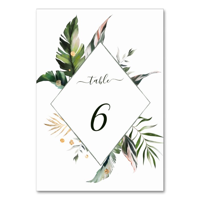 Tropical Watercolor Leaves Wedding Table Number | Zazzle.com