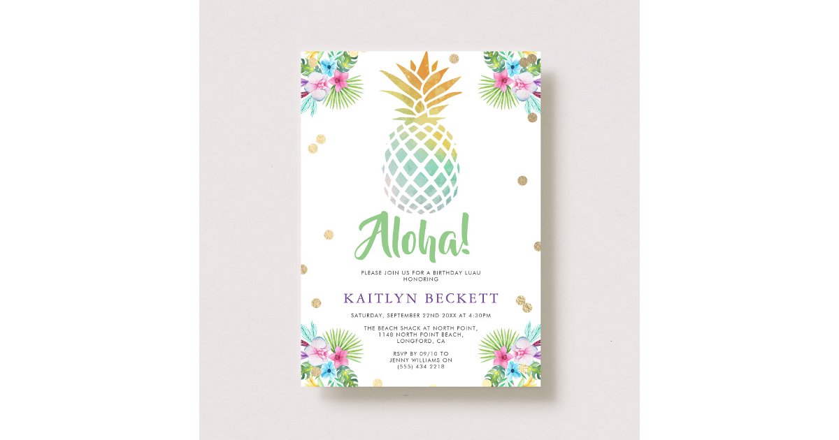 Tropical Watercolor Pineapple Birthday Luau Invitation | Zazzle