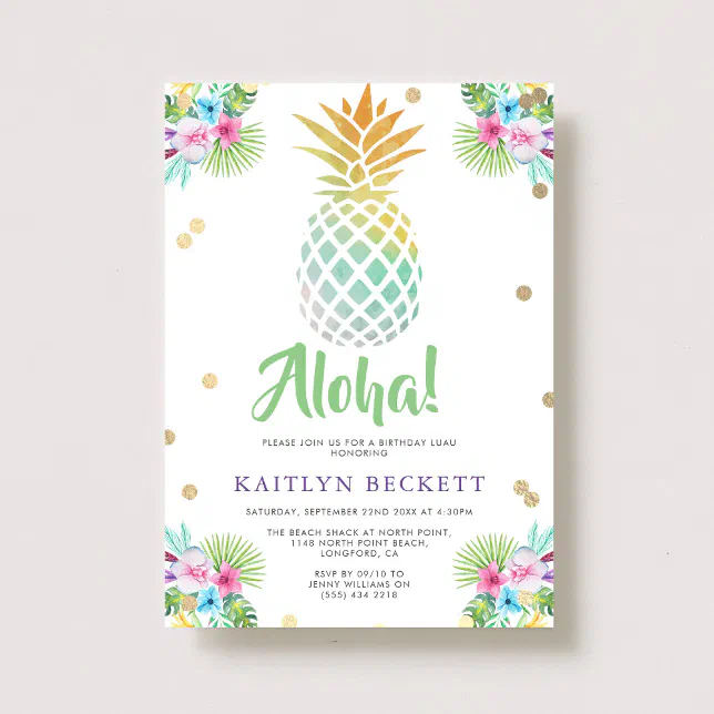 Tropical Watercolor Pineapple Birthday Luau Invitation | Zazzle