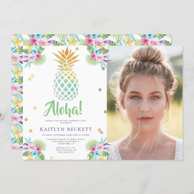 Tropical Watercolor Pineapple Birthday Photo Luau Invitation | Zazzle