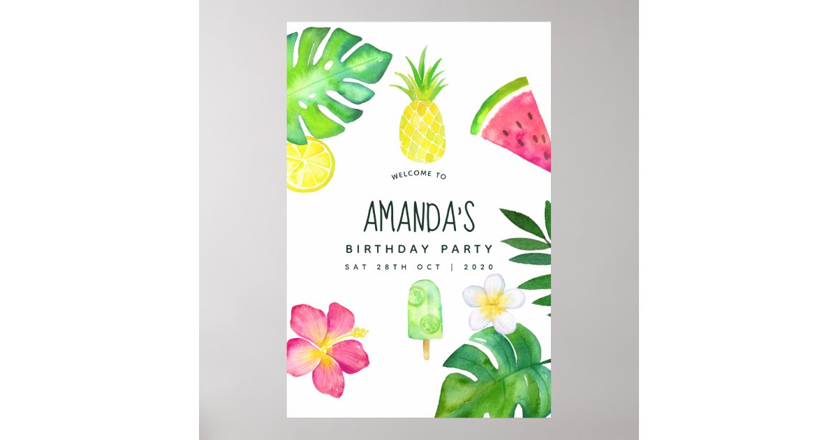 Tropical Watercolor Summer Birthday Poster | Zazzle