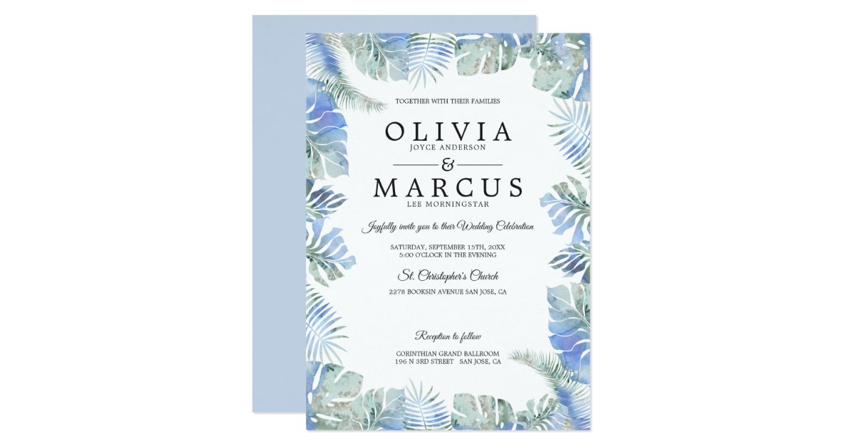 Tropical Wedding Watercolor Leaves Blue Green Invitation | Zazzle.com