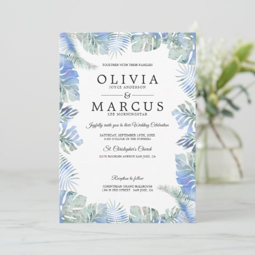 Tropical Wedding Watercolor Leaves Blue Green Invitation | Zazzle