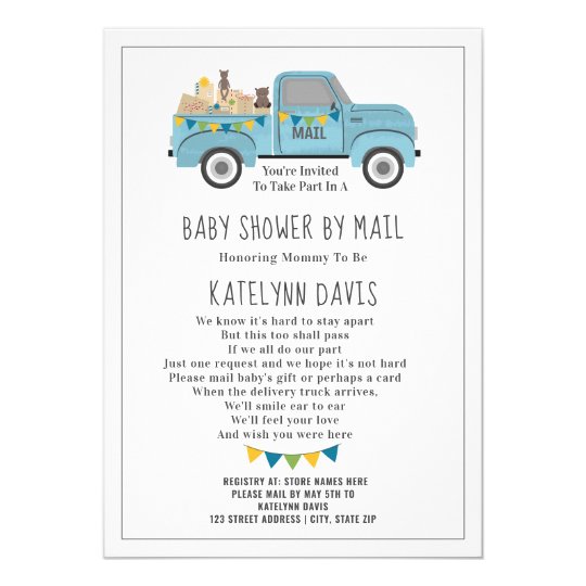 Truck Social Distancing Blue Baby Shower By Mail Invitation | Zazzle.com