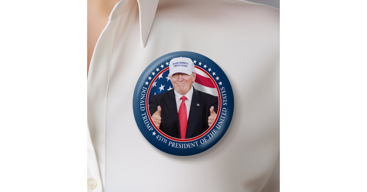 Trump 2024 with MAGA Hat and Thumbs Up Photo Button | Zazzle