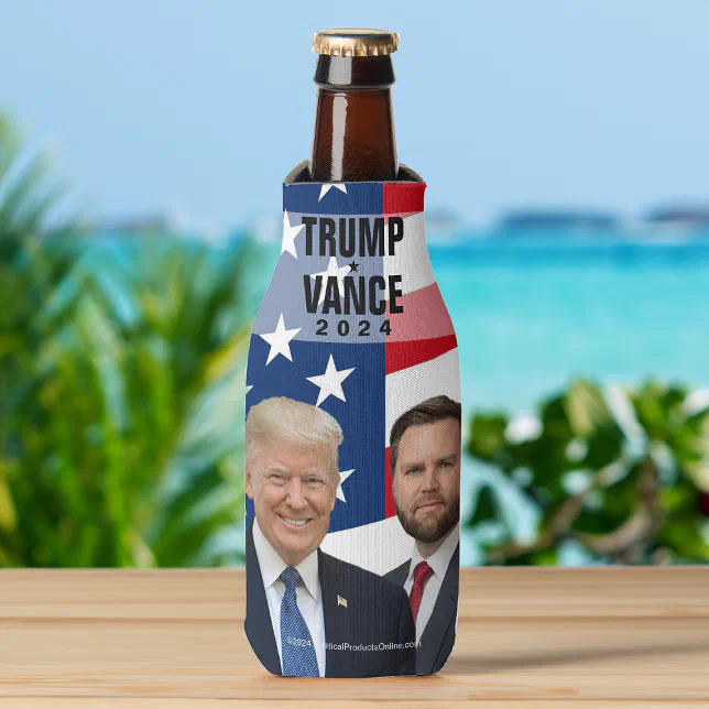 Trump Vance 2024 Photo Waving American Flag Bottle Cooler | Zazzle