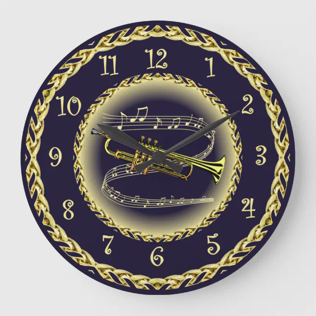 Trumpet ~ Musical Scroll ~ Gold/Navy Blue ~ Large Clock | Zazzle