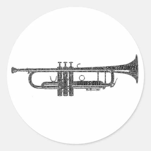 Trumpet Shaped Word Art Black Text Classic Round Sticker | Zazzle