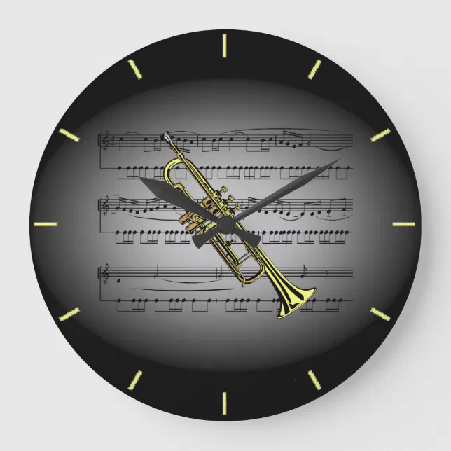 Trumpet ~Sheet Music ~ Black Gray Background Large Clock | Zazzle