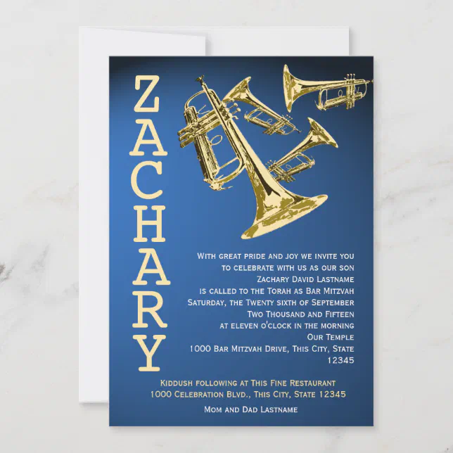 Trumpets Music Blue Gold Bar Mitzvah Invitation | Zazzle
