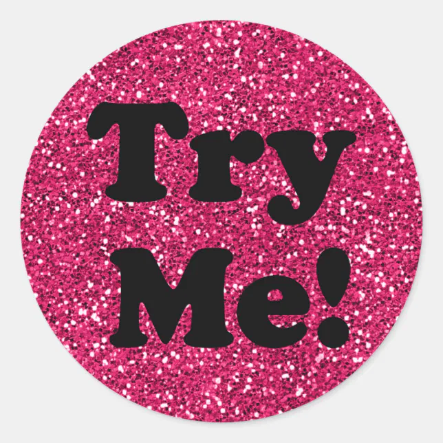 Try Me Glitter Black Pink Tester Sample Container Classic Round Sticker ...