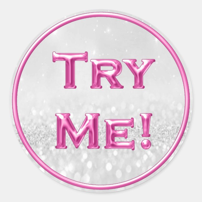 Try Me Glitter Gray Pink Tester Sample Container Classic Round Sticker ...