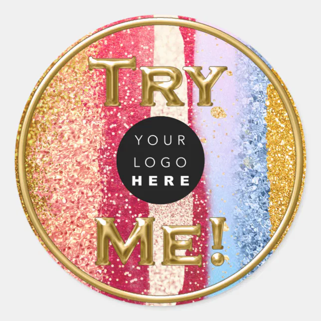 Try Me Logo Gold Tester Sample Container Glitter Classic Round Sticker ...