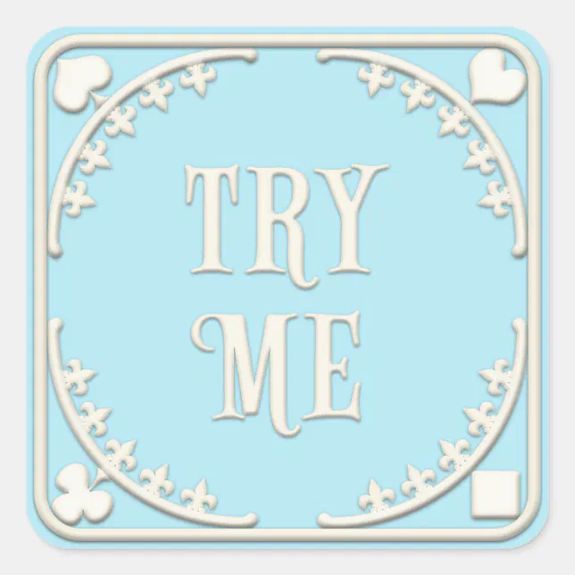 "Try Me" Wonderland Tea Party Inviting Blue Square Sticker | Zazzle