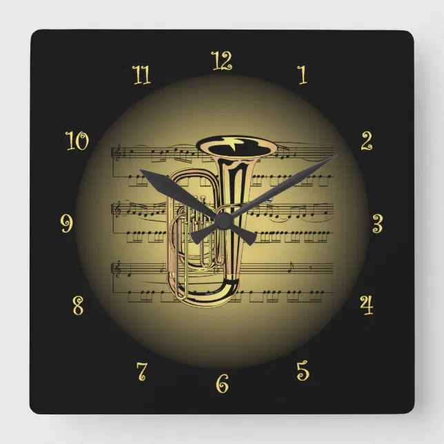 Tuba ~ 3-D Sheet Music ~ Gold & Black Background Square Wall Clock | Zazzle