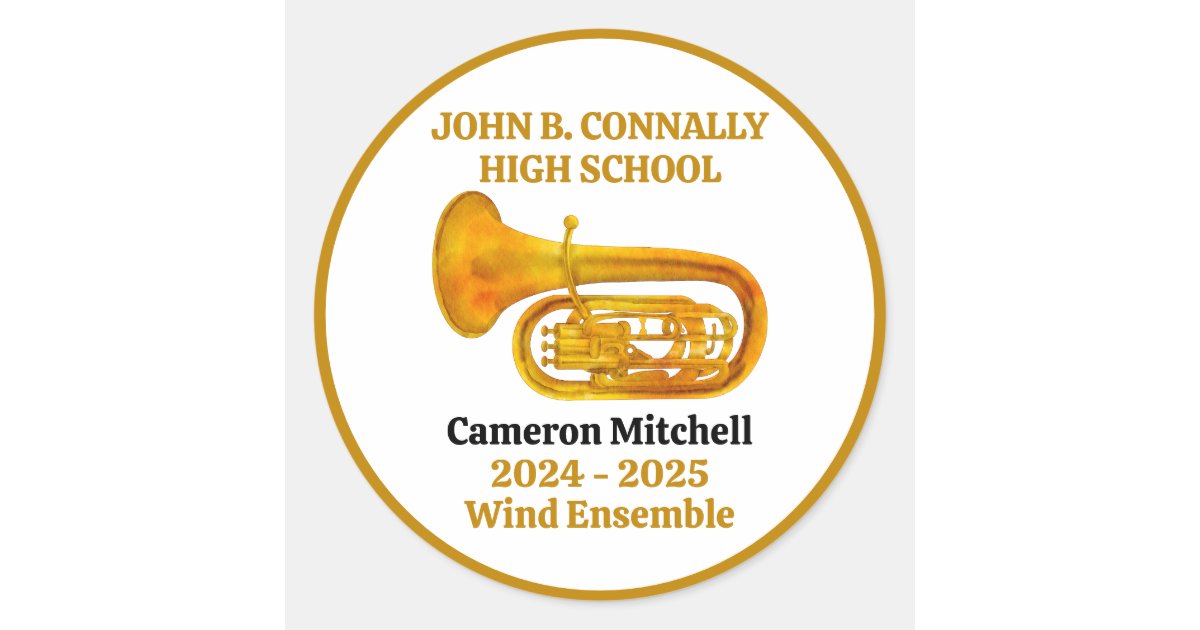 Tuba High School Band Gold Personalized Classic Round Sticker | Zazzle