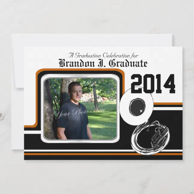 Tuba Marching Band Graduation Photo Orange Invitation | Zazzle