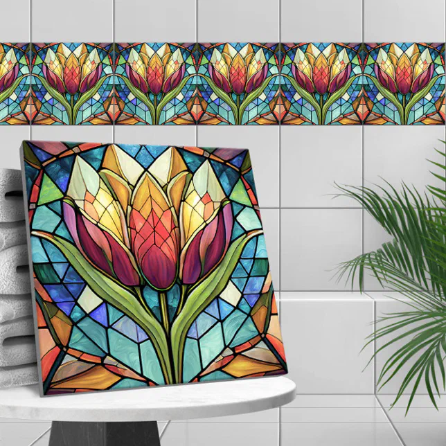 Tulip flower stained glass mosaic ceramic tile | Zazzle