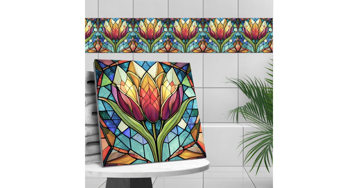 Tulip flower stained glass mosaic ceramic tile | Zazzle