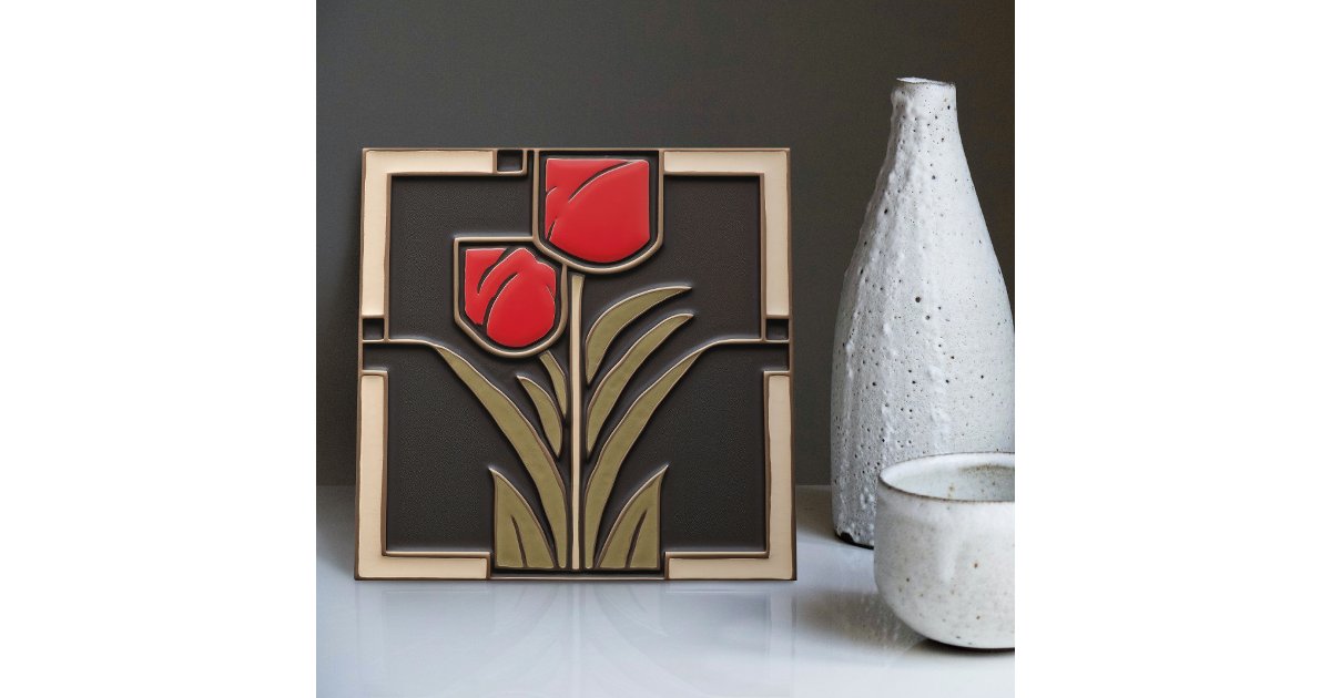 Tulip Love Abstract Red Flowers Mid-Century Decor Ceramic Tile | Zazzle