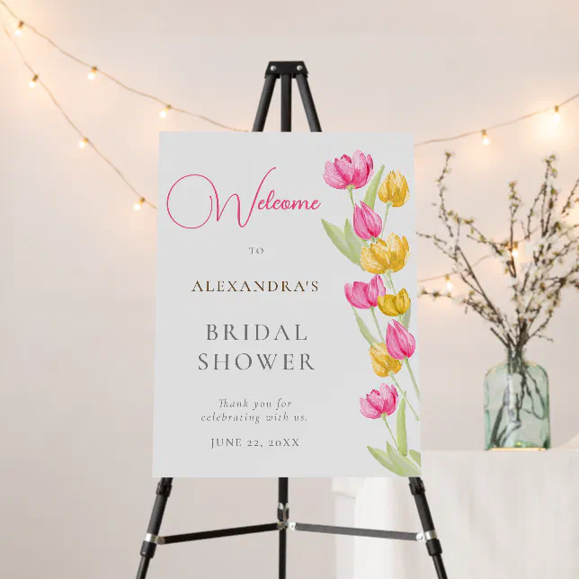 Tulips Calligraphy Pink Bridal Shower Welcome Sign | Zazzle