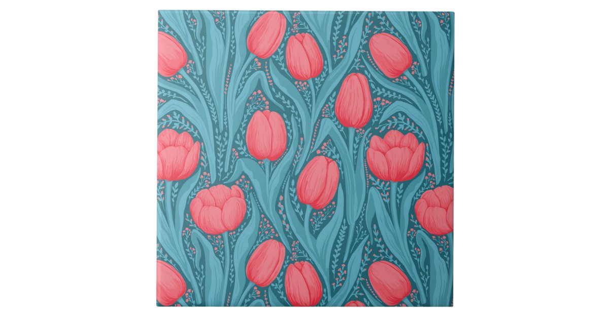 Tulips in blue and red ceramic tile | Zazzle